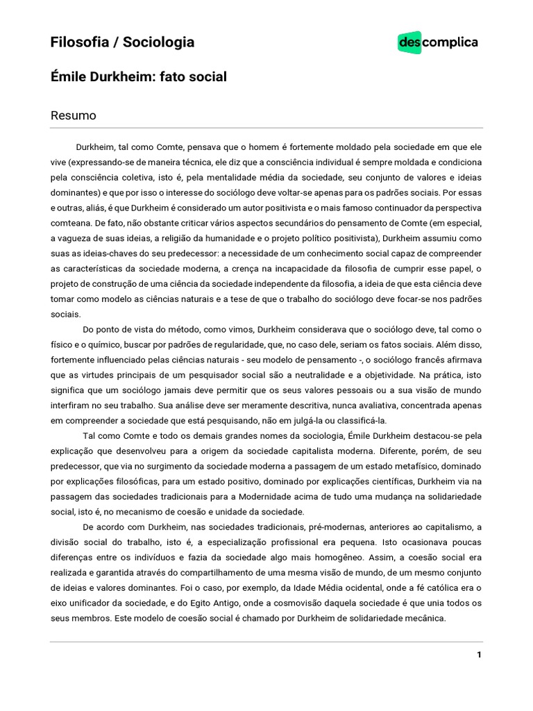 Fato Social Durkheim | PDF | Sociologia | Émile Durkheim