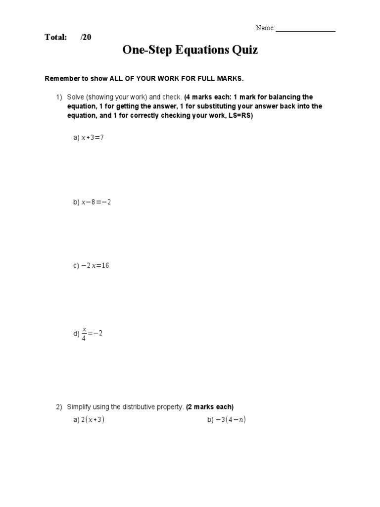 One-Step Equations Quiz | PDF