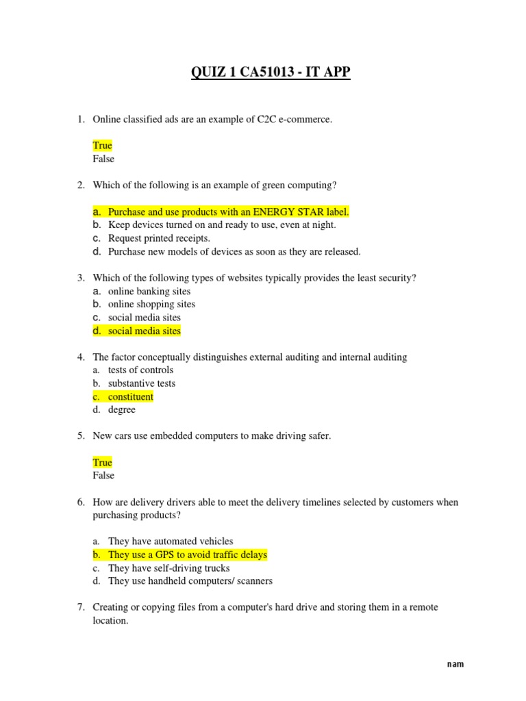 Quiz 1 Ca51013 - It App | PDF | Application Software | E Commerce