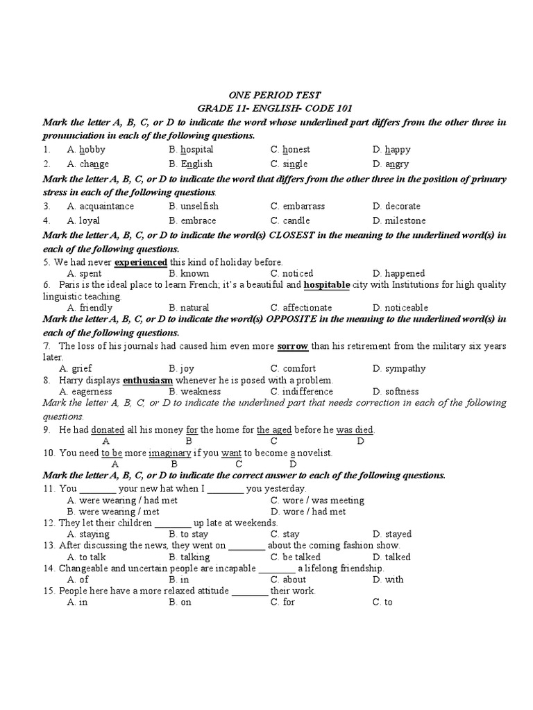 Grade 11 English Test: Vocabulary & Grammar | PDF | Christmas | Gift