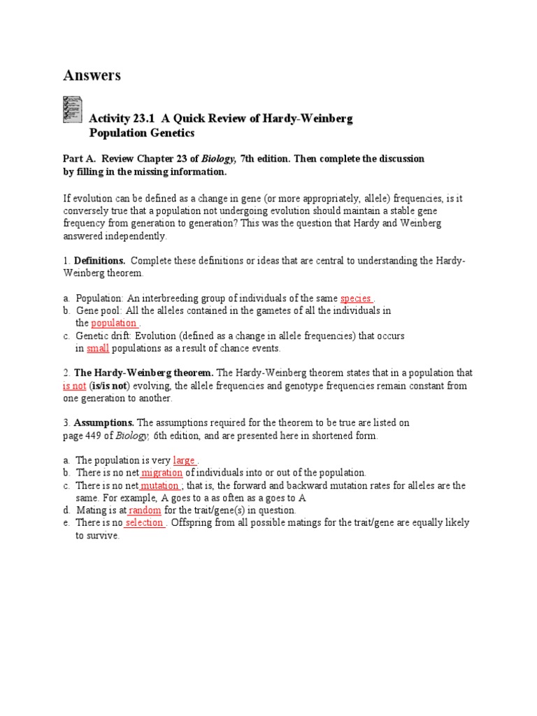 Answers: Activity 23.1 A Quick Review of Hardy-Weinberg Population ...