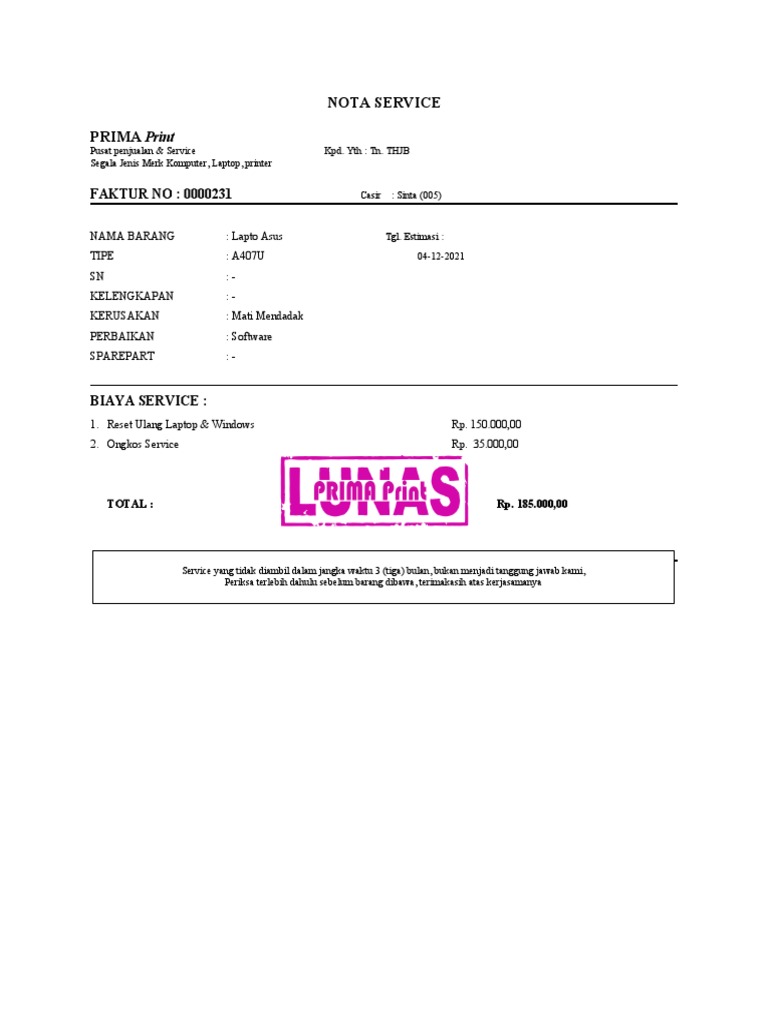 Nota Service Laptop Asus | PDF