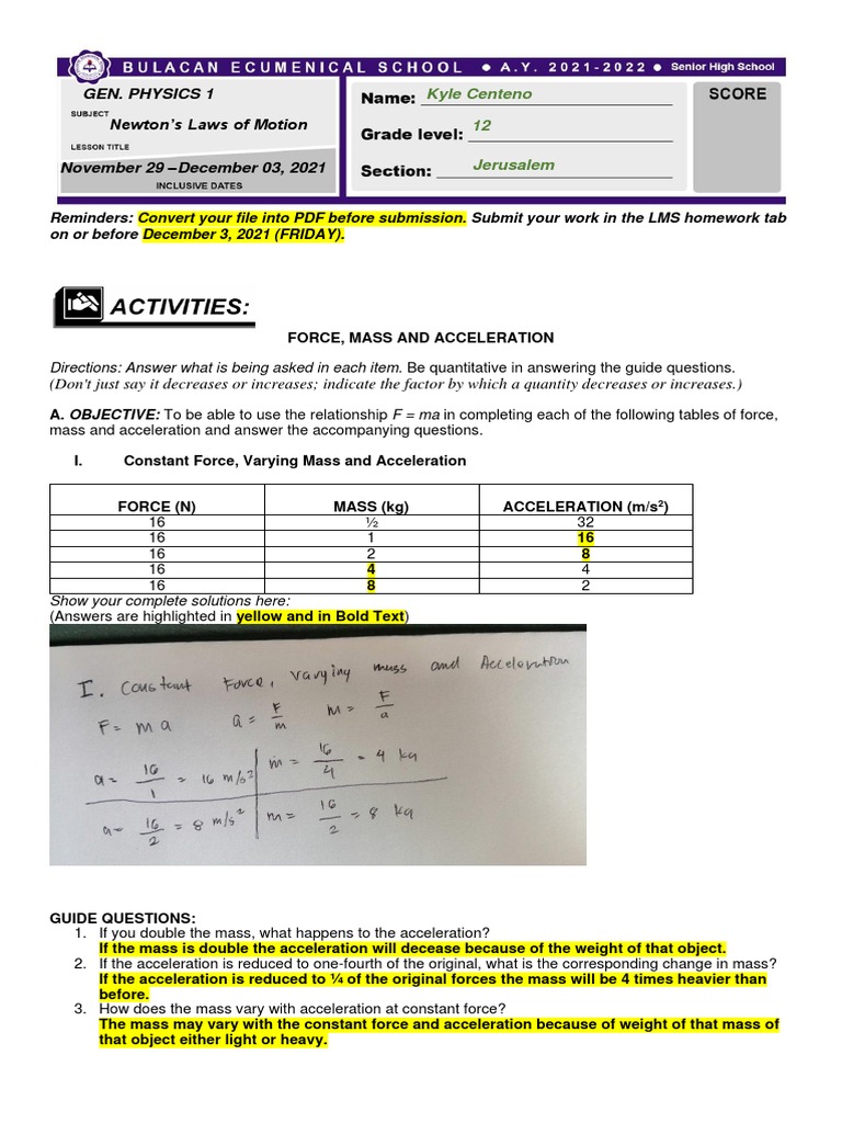 Newtons Laws of Motion Activity | PDF | Newton's Laws Of Motion | Force