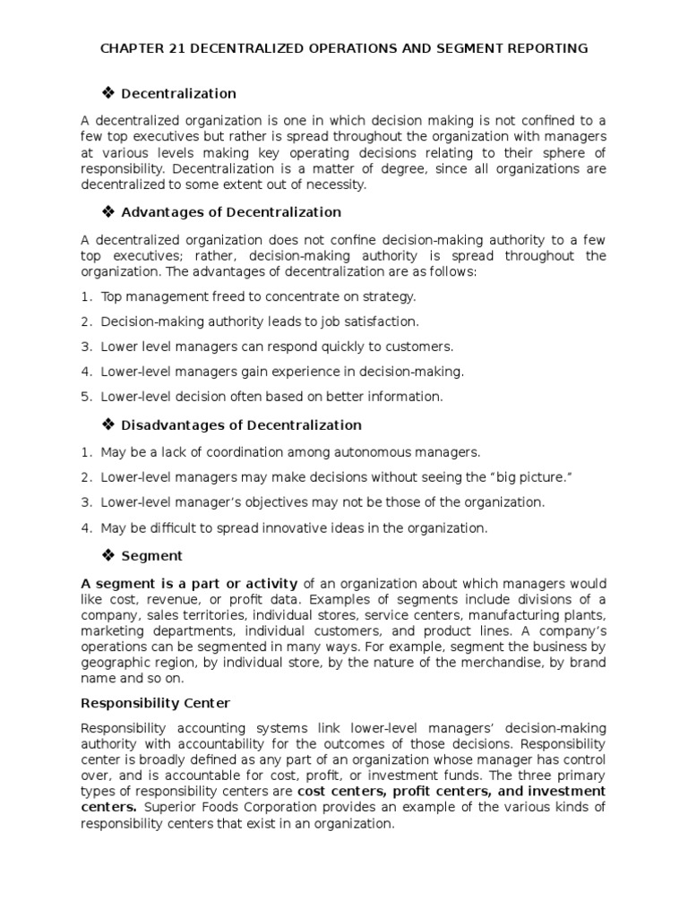 21decentralized Operations And Segment Reporting Pdf Return On Investment Expense