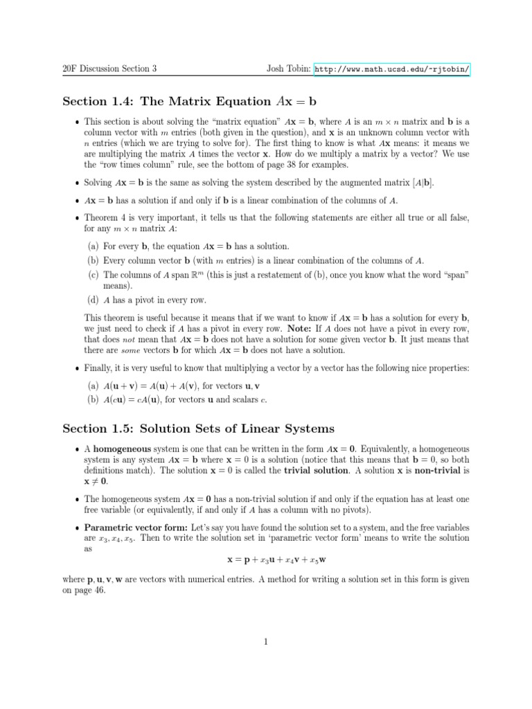 Section 1.4: The Matrix Equation Ax B | PDF | Matrix (Mathematics) | System Of Linear Equations