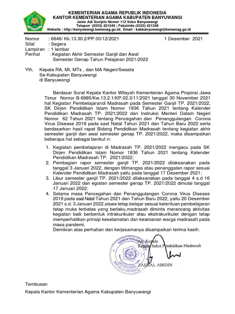 Surat KEGIATAN AKHIR SEMESTER GANJIL DAN AWAL SEMESTER GENAP TAPEL 2021 ...