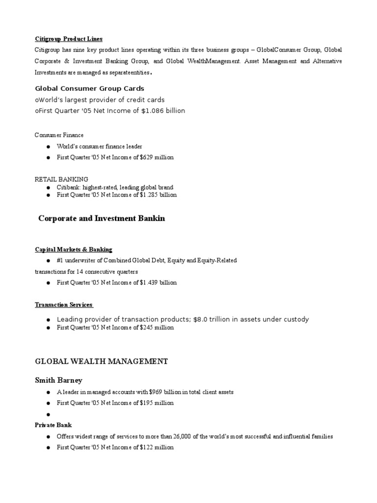 Citigroup Product Lines Overview | PDF | Citigroup | Citibank