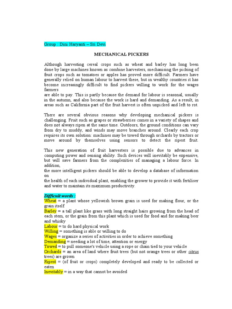 Mechanical Pickers: Difficult Words | PDF | Cereals | Fruit