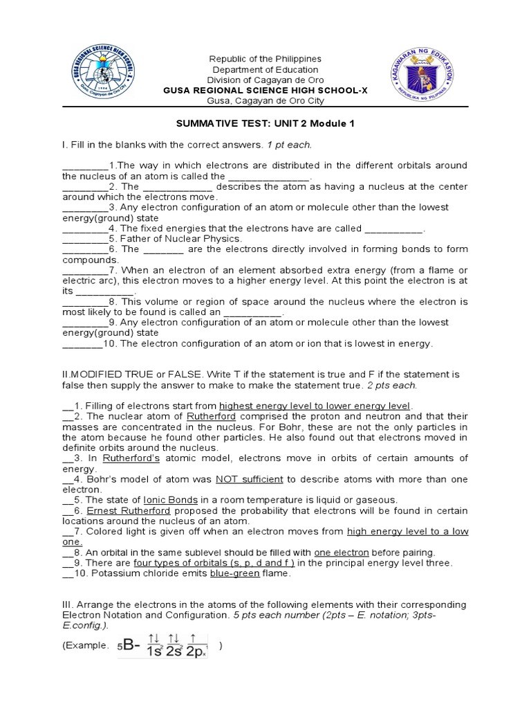 Summative Test Unit 2 Module 1 | PDF | Atoms | Electron