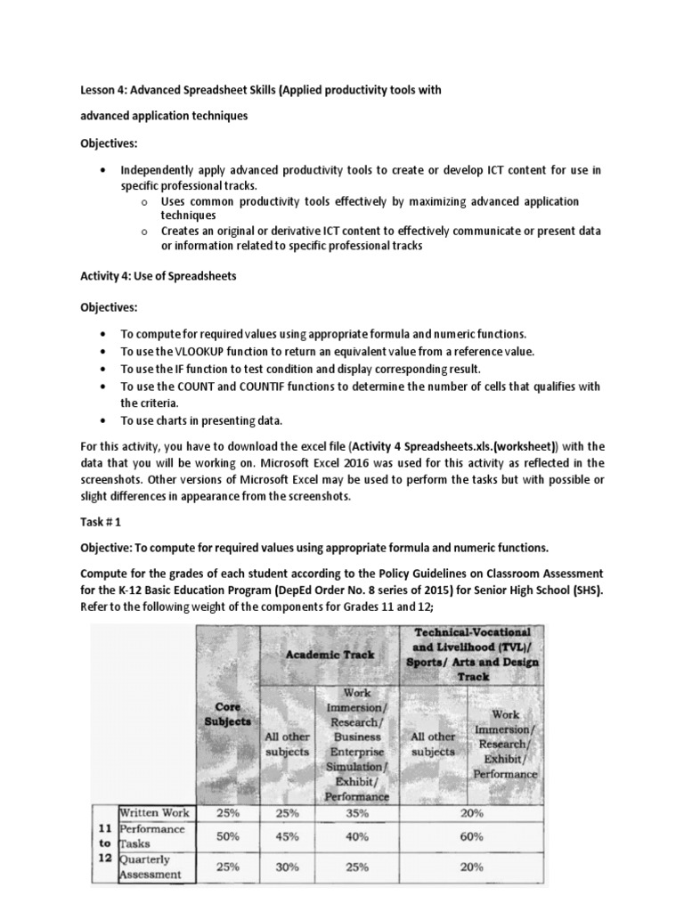 Activity 4 Spreadsheets. Instructions | PDF | Microsoft Excel | Spreadsheet