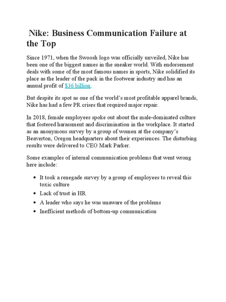 Nike: Business Communication Failure at The Top: $36 Billion | PDF