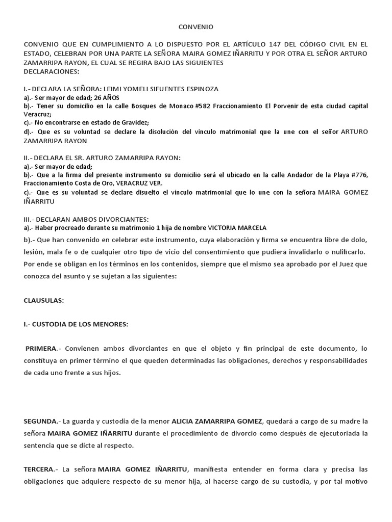 CONVENIO Mutuo Consentimiento | PDF | Divorcio | Matrimonio