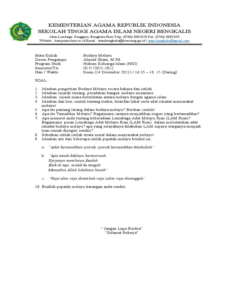 Soal Uas Budaya Melayu Hki 2021 | PDF