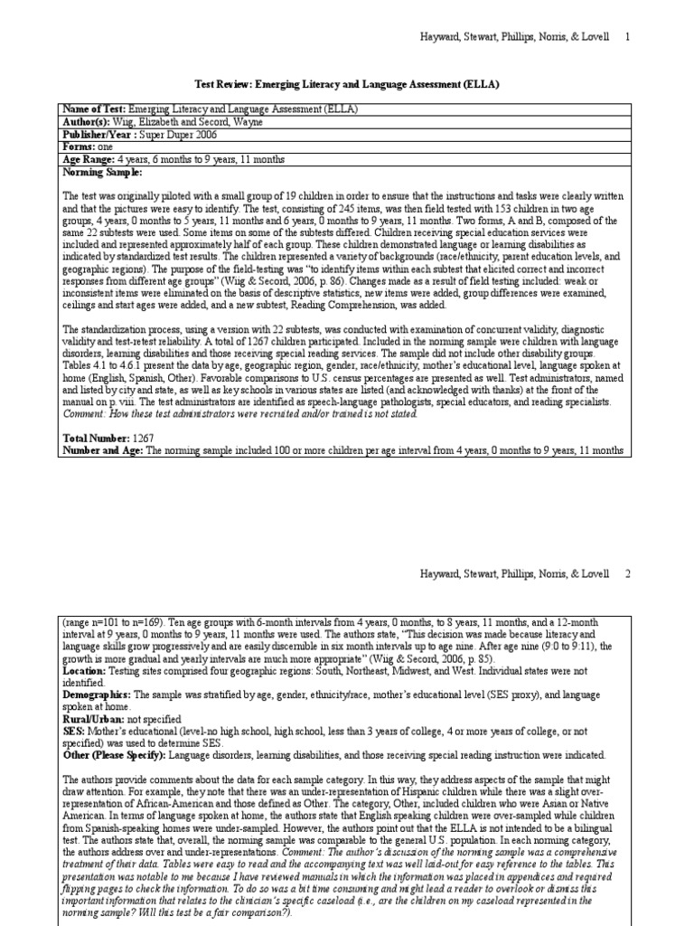 ELLA Test Review and Assessment Overview | PDF | Validity (Statistics ...