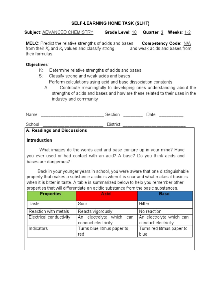 Advance Chem Q3 W1-2 | PDF | Acid | Acid Dissociation Constant