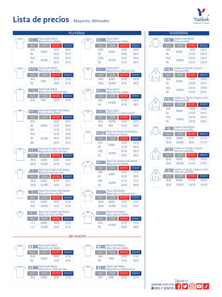 Lista de precios de playeras y sudaderas al mayoreo y menudeo con detalles de tallas, colores y ...