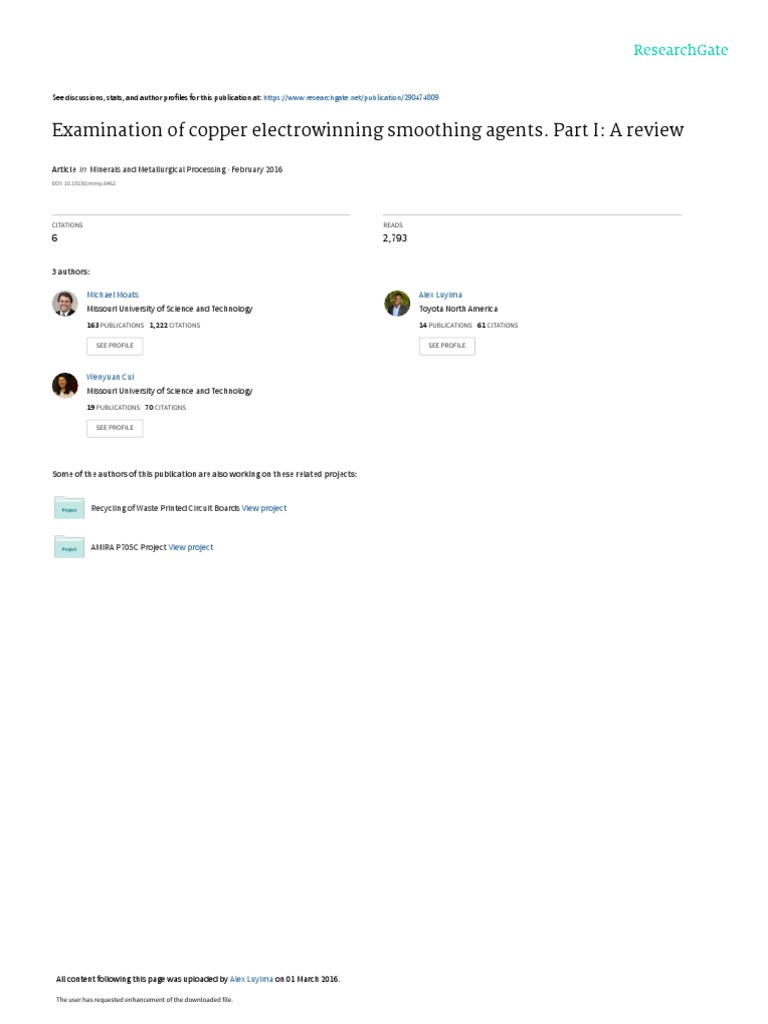 Examination of Copper Electrowinning Smoothing Agents. Part I: A Review ...