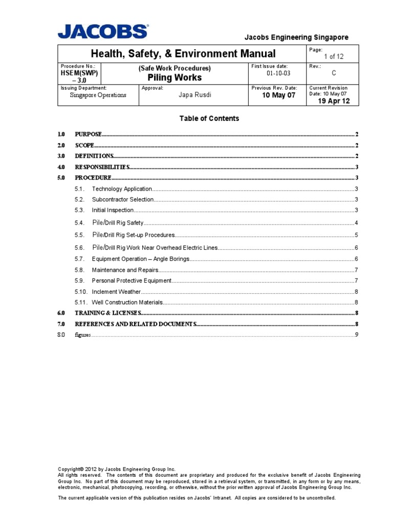 Health, Safety, & Environment Manual: Piling Works | PDF | Drilling Rig ...