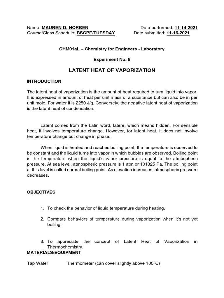 Latent Heat of Vaporization: CHM01aL - Chemistry For Engineers ...