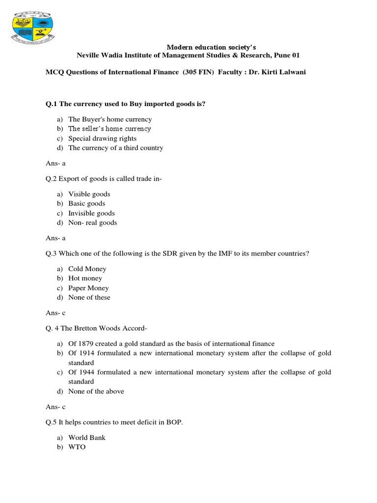 International Finance MCQ | PDF | Exchange Rate | Interest Rates