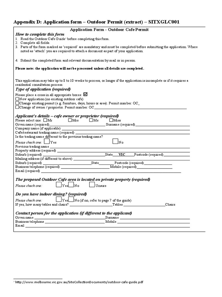 Appendix D: Application Form - Outdoor Permit (Extract) - SITXGLC001 | PDF
