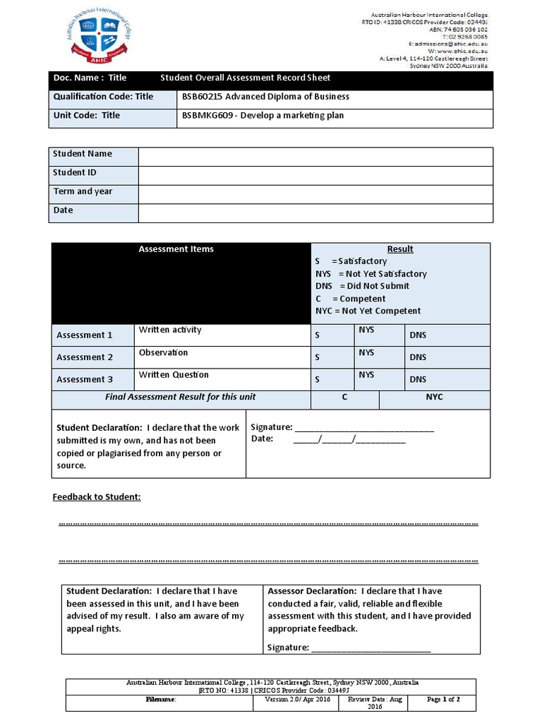 Student Overall Assessment Record Sheet | PDF