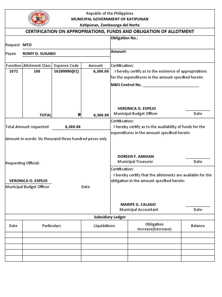 Certification On Appropriations, Funds and Obligation of Allotment ...