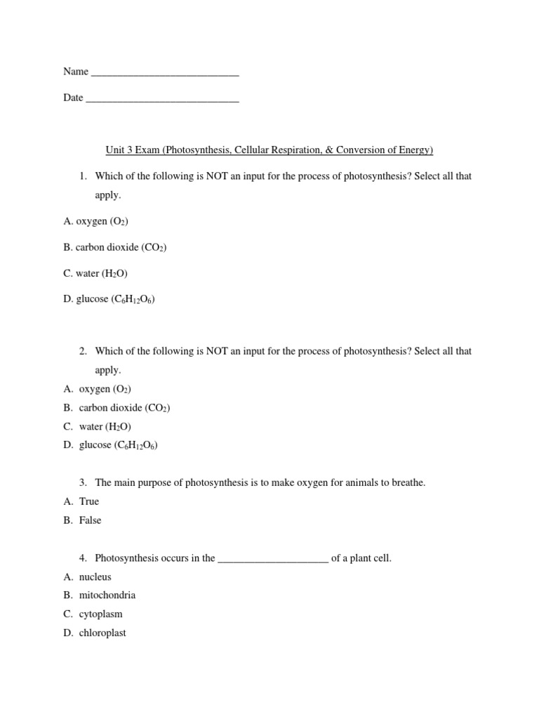 Photosynthesis and Cellular Respiration Assessment | PDF | Cellular ...