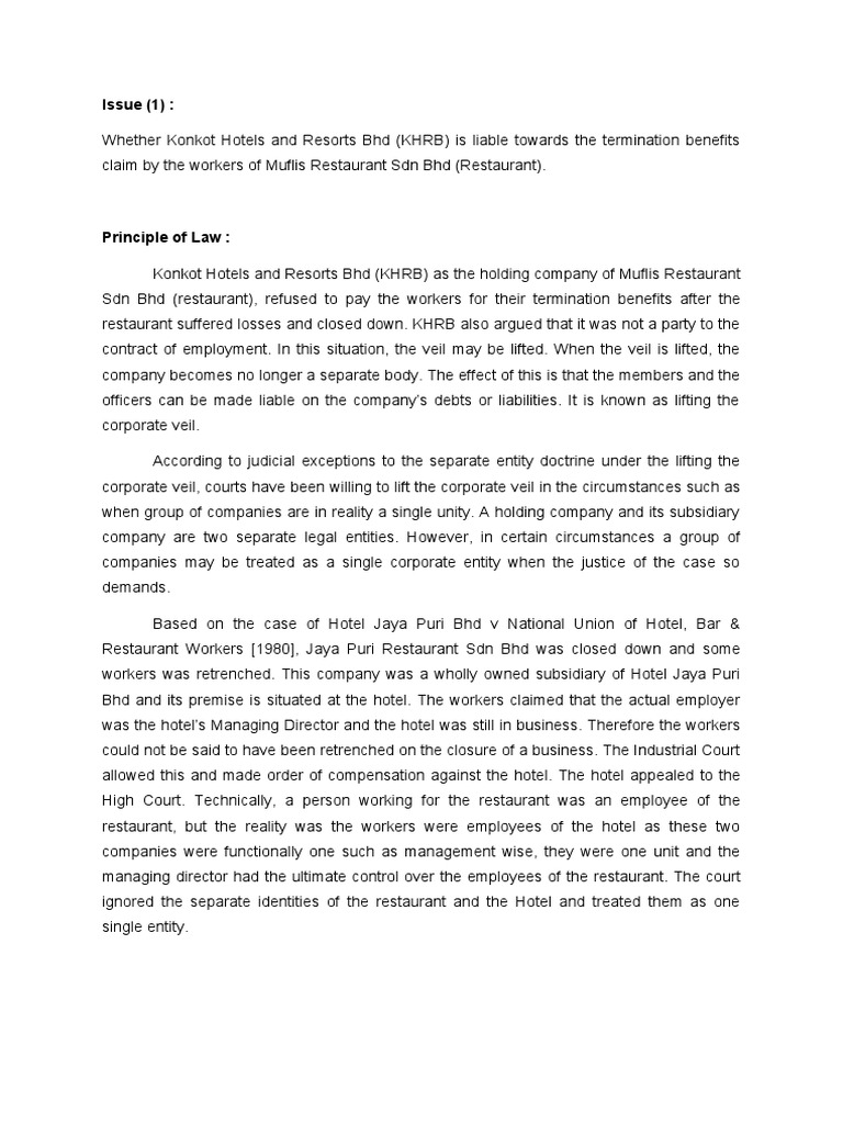 Issue 1 (KHRB) - Assignment | PDF | Piercing The Corporate Veil | Legal ...