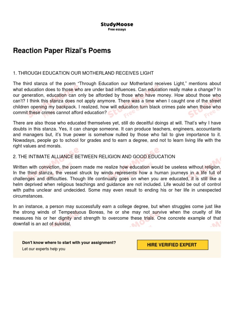 Reaction Paper Rizals Poems | PDF