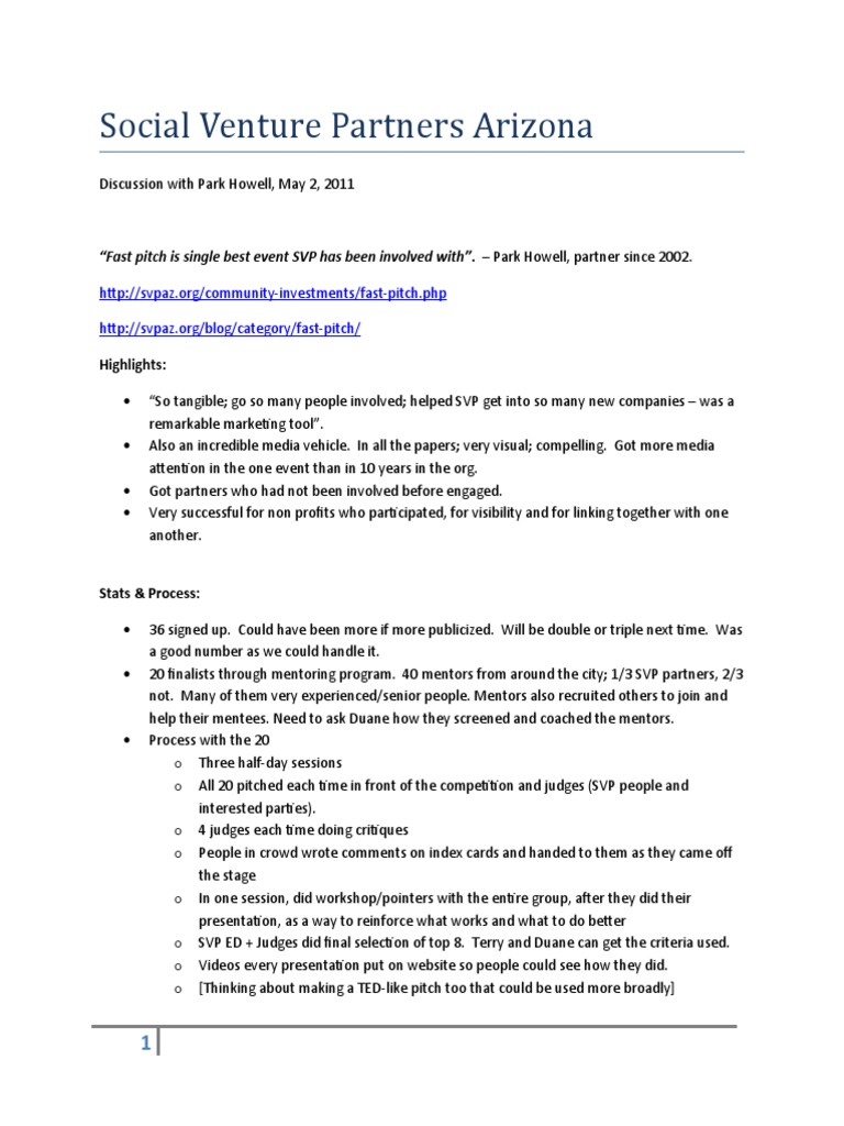 2011 05-03 SVP Arizona Fast Pitch Summary Via Park Howell | PDF ...