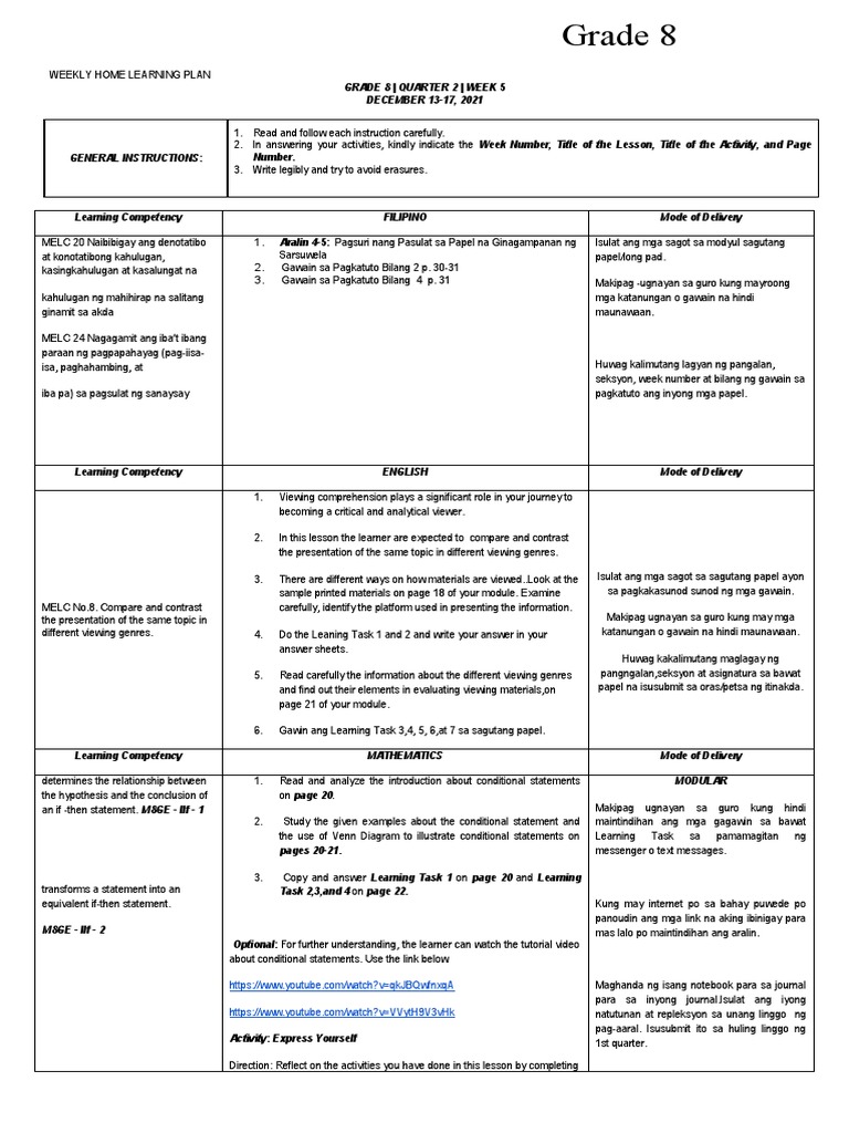 Week 5 WHLP of Grade 8 Q2 | PDF | Cognition | Learning