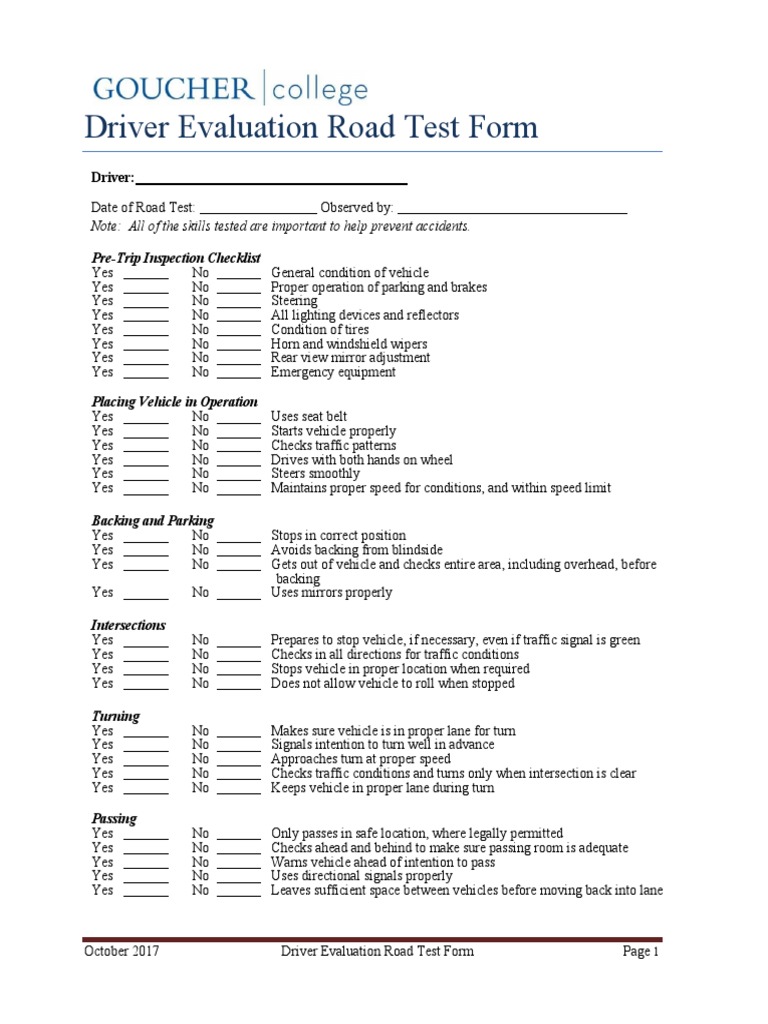 Driver Evaluation Road Test Form | PDF | Traffic | Vehicles