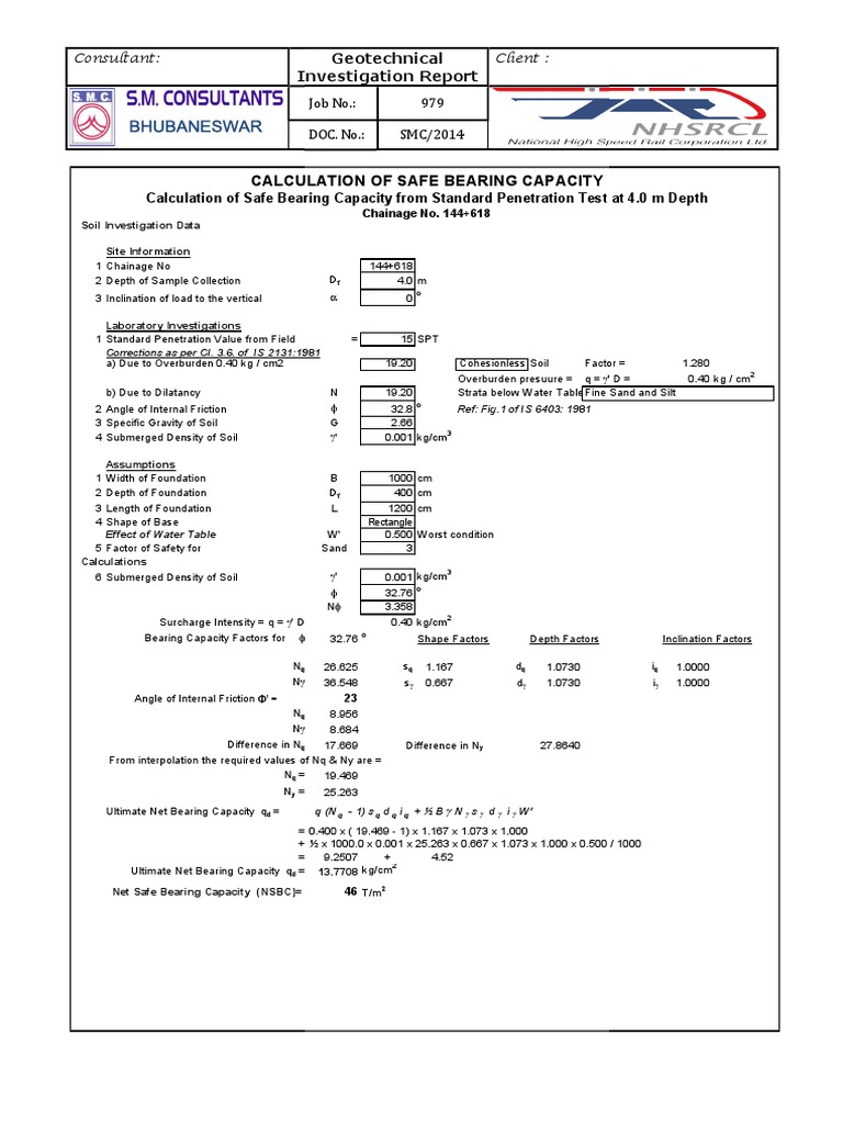 Bhubaneswar: Calculation of Safe Bearing Capacity Calculation of Safe ...