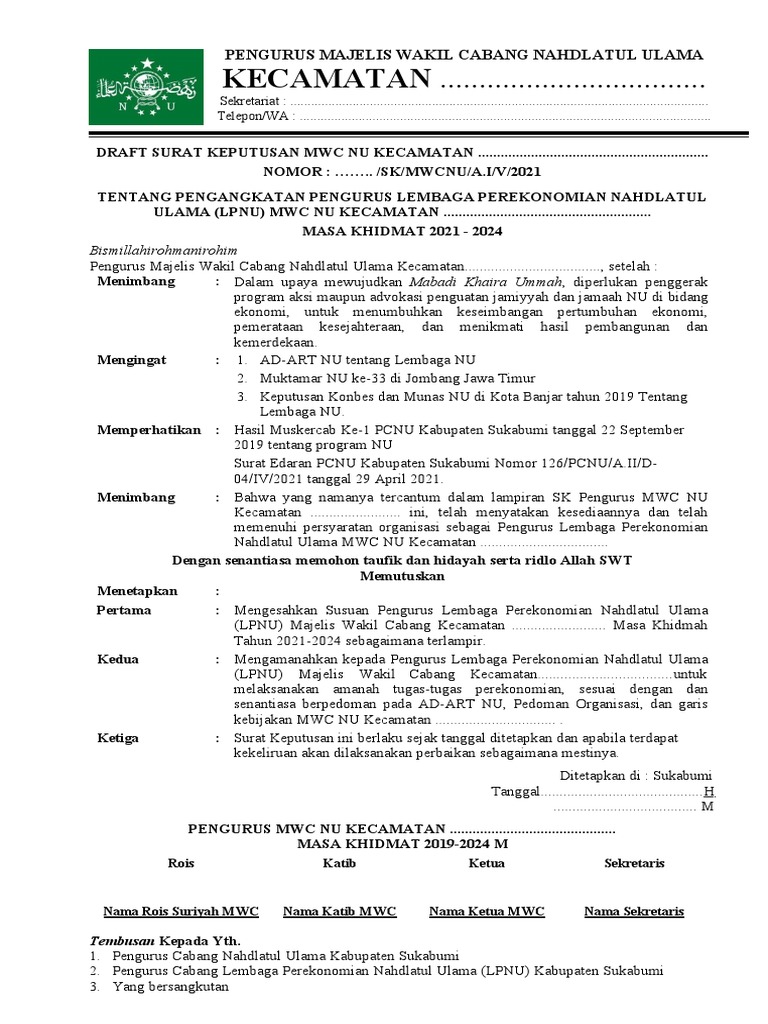 Contoh Draft Surat Keputusan Pembentukan Lembaga NU | PDF