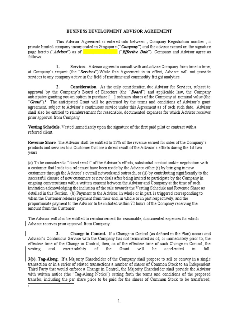 Business Development Advisor Agreement | PDF | Arbitration | Stocks
