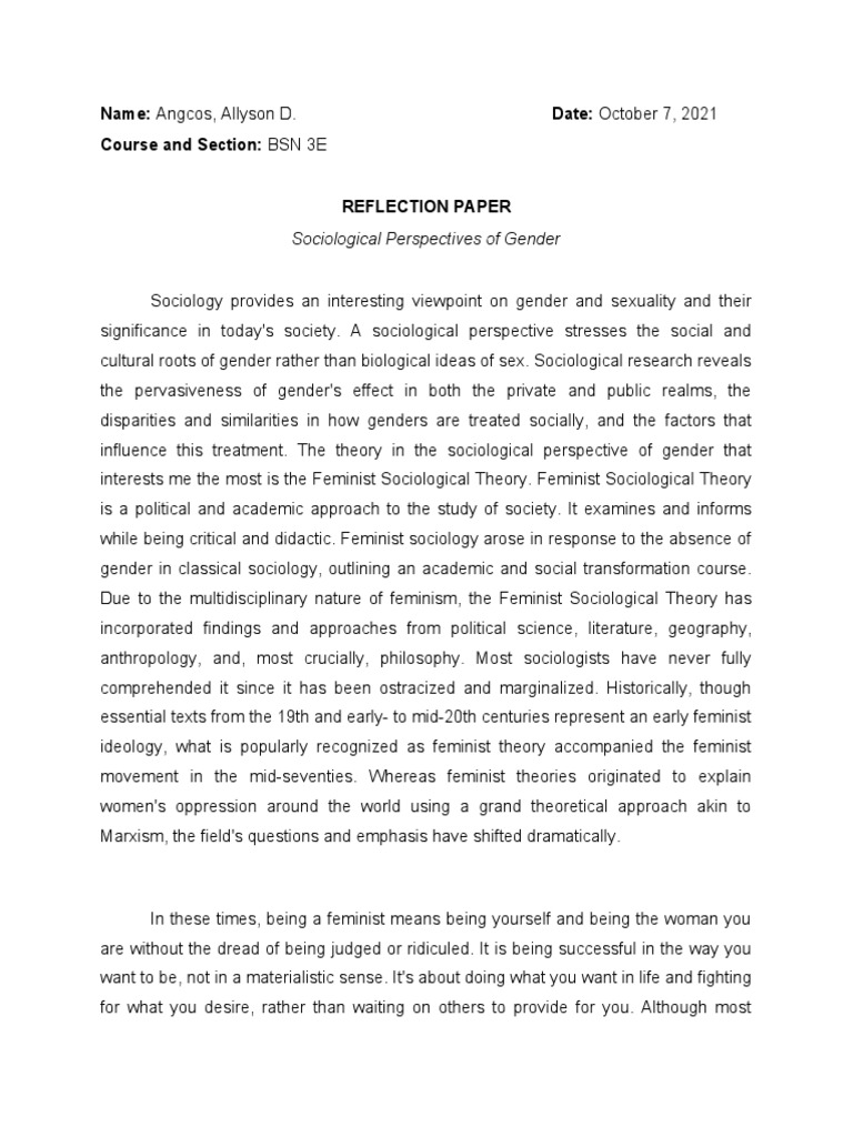 Reflection on Feminist Sociological Theory | PDF | Feminism | Gender ...