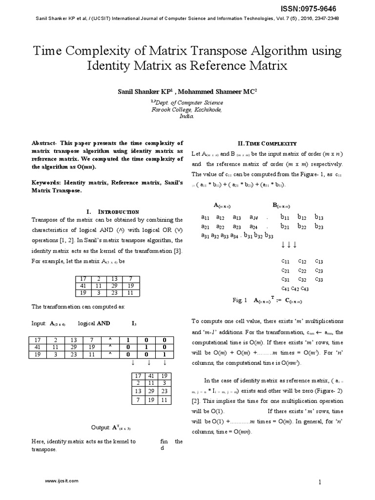 Time Complexity of Matrix Transpose Algorithm Using Identity Matrix As ...