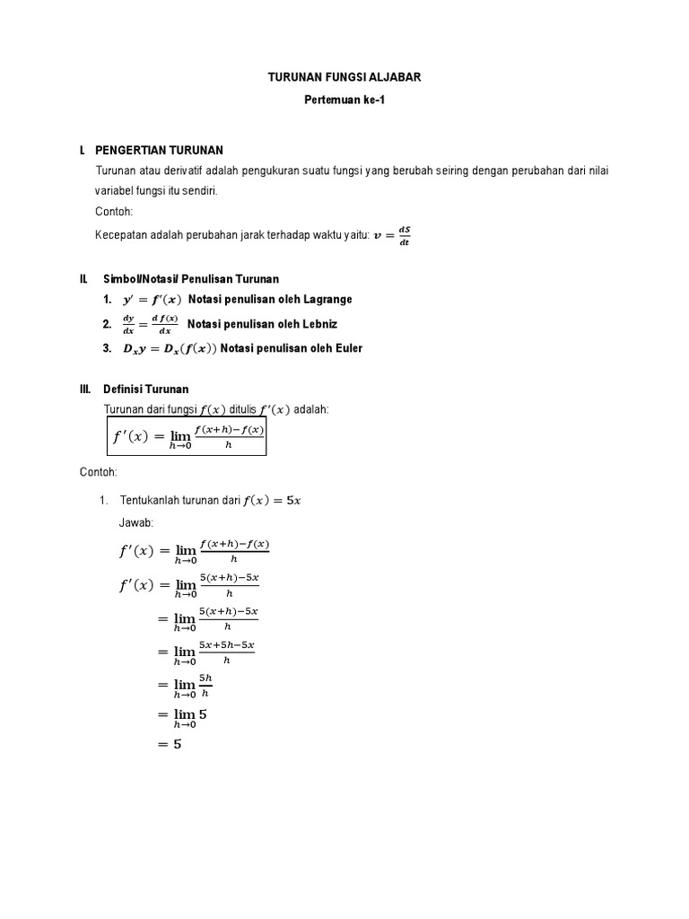 Pengertian Turunan Fungsi Aljabar Dan Rumus Turunan | PDF