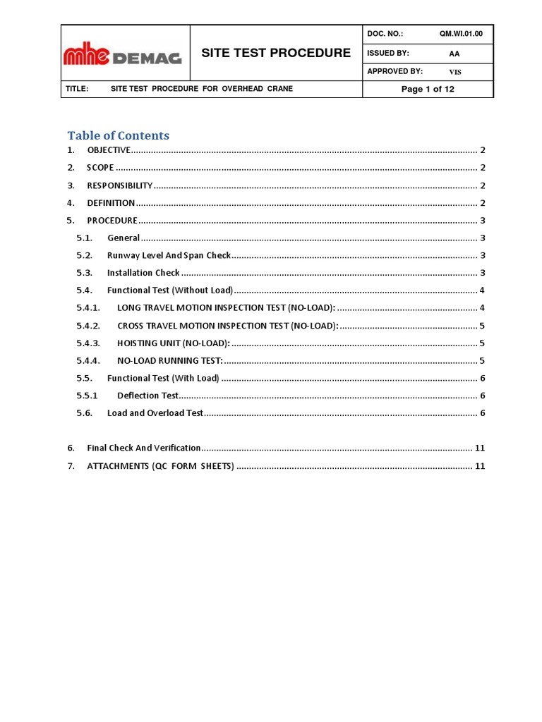 Site Test Procedure For Overhead Crane - r1 | PDF | Crane (Machine ...