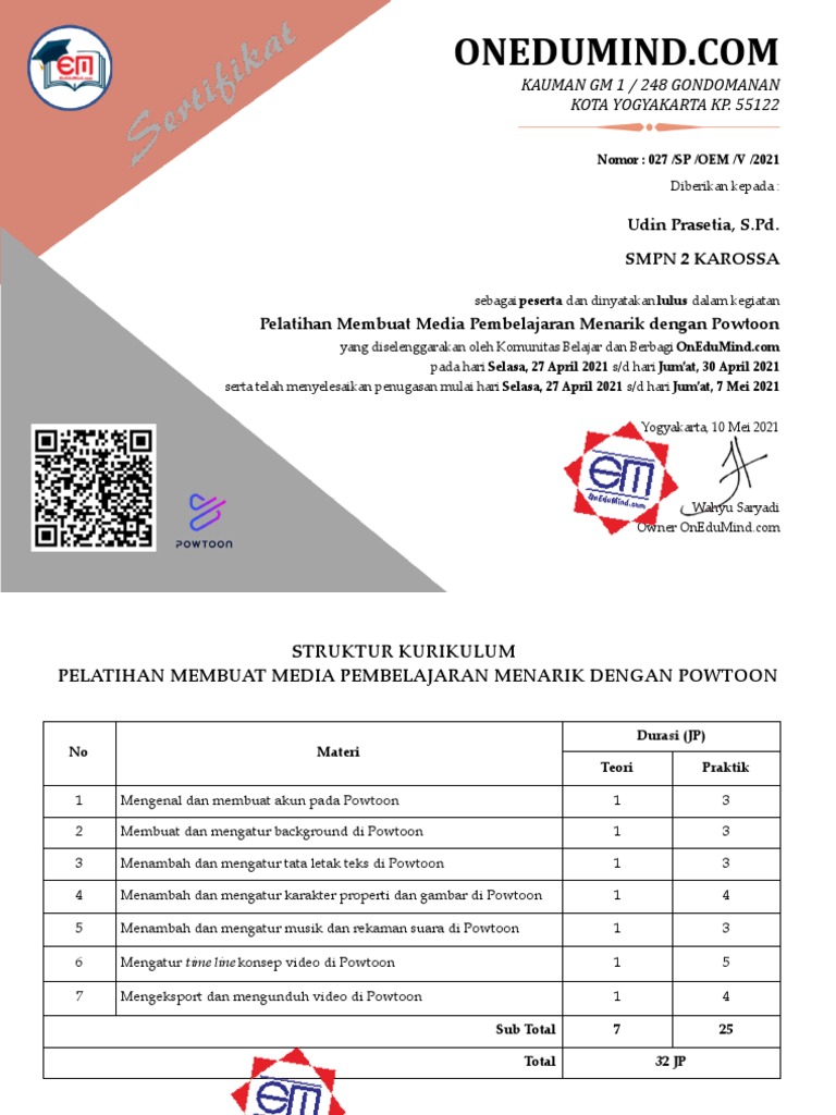 Sertifikat Pelatihan Media Powtoon Udin | PDF