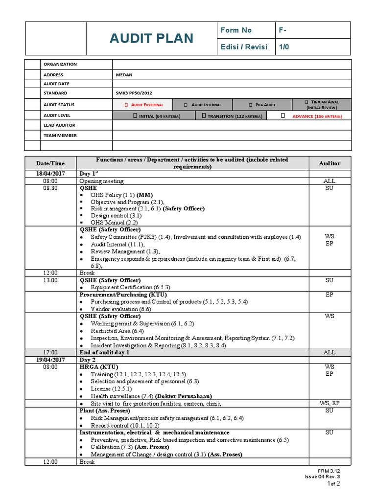 Form No F- AUDIT PLAN | PDF | Audit | Risk Management