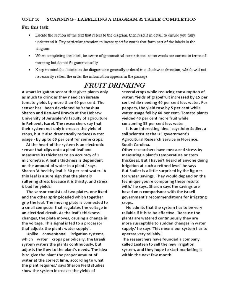 Fruit Drinking: Unit 3: Scanning - Labelling A Diagram & Table ...