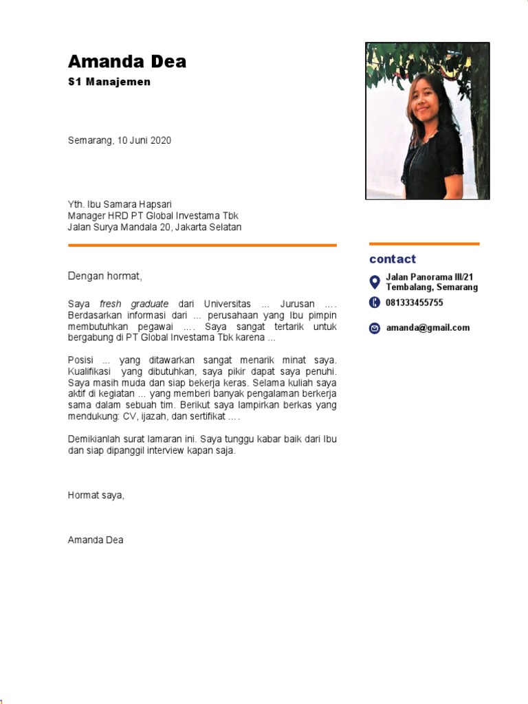 Contoh Cover Letter Fresh Graduate Sarjana | PDF
