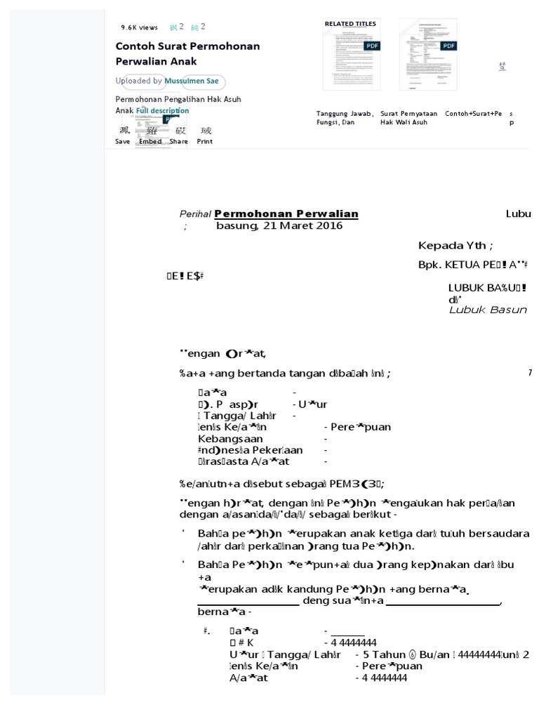 PDF Contoh Surat Permohonan Perwalian Anak | PDF PDF Contoh Surat Permohonan Perwalian Anak | PDF