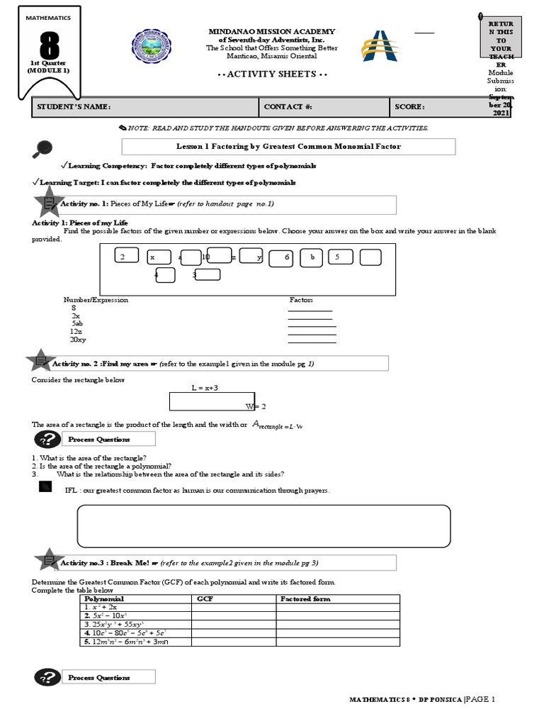 Activity Sheets: Lesson 1 Factoring by Greatest Common Monomial Factor ...