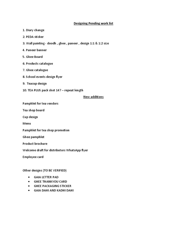 Designing Pending Work List | PDF | Cooking, Food & Wine