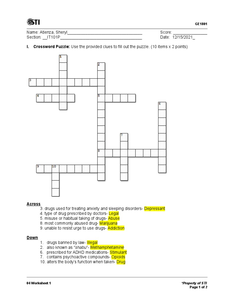 Crossword NSTP1 | PDF | Drugs | Substance Abuse