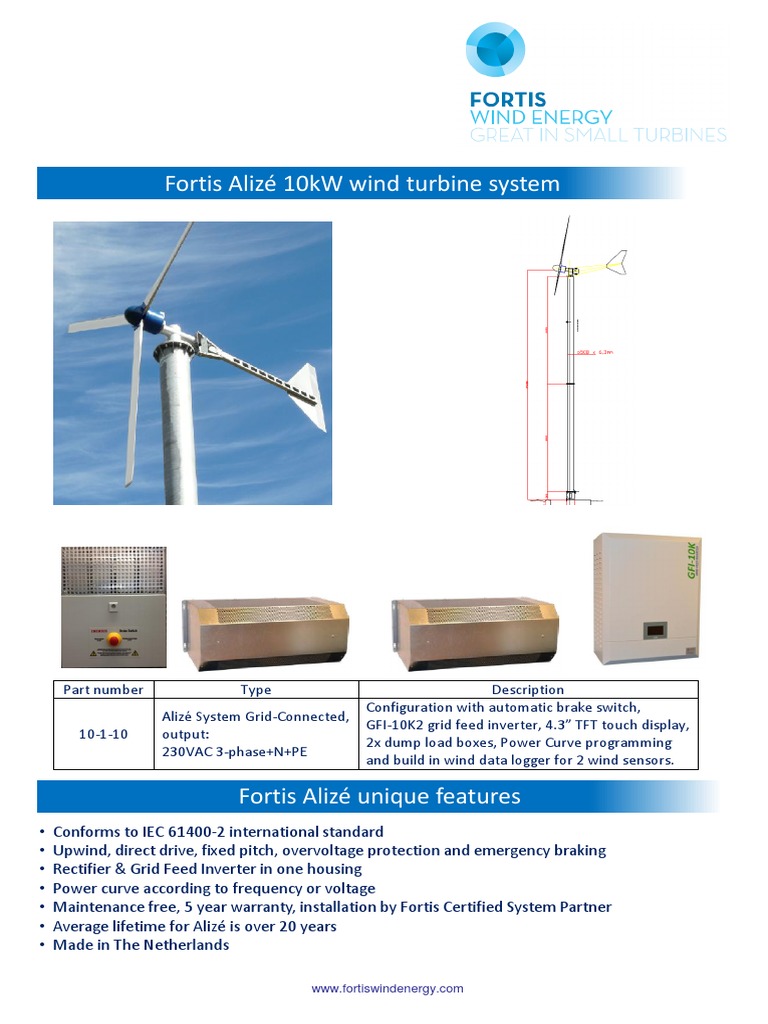 Fortis Wind Energy Alize 10kW Wind Turbine | PDF | Energy Conversion ...
