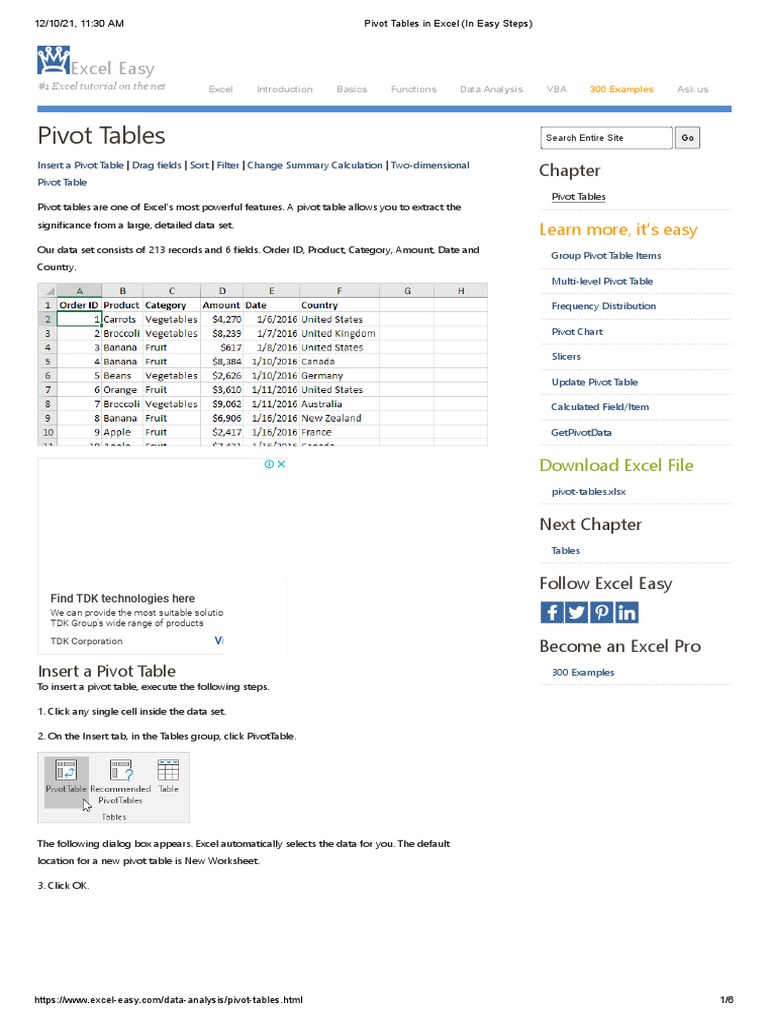 Pivot Tables in Excel (In Easy Steps) | PDF | Microsoft Excel | Spreadsheet Software